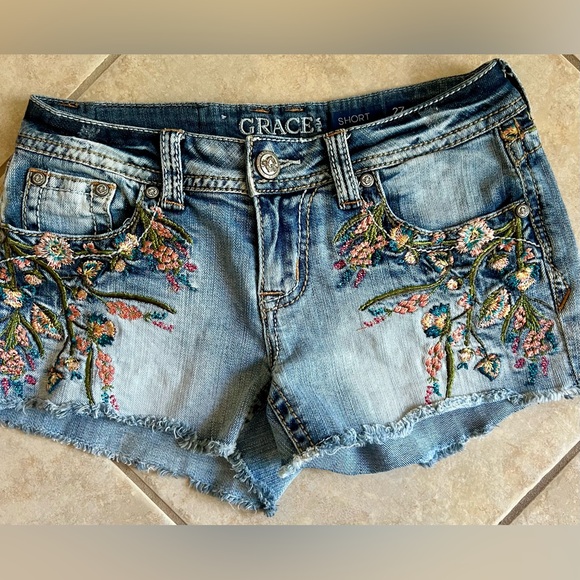 Grace | Shorts | Grace In La Blue Pink Floral Intricate Embroidered ...